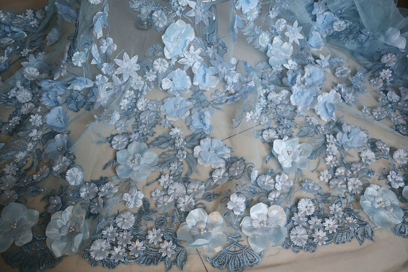 3D Flowers Lace Fabric Light Blue Bridal 3D Beaded Lace - Etsy