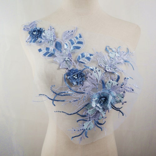 Dark Blue 3D Floral Embroidered Lace Fabric Appliques Retro - Etsy