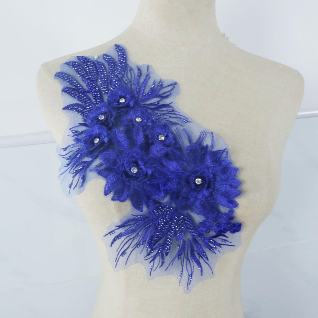 Royal Blue 3D Beaded Lace Applique, Embroidered Flowers Patch for Dance Costume Dress Sewing - Etsy