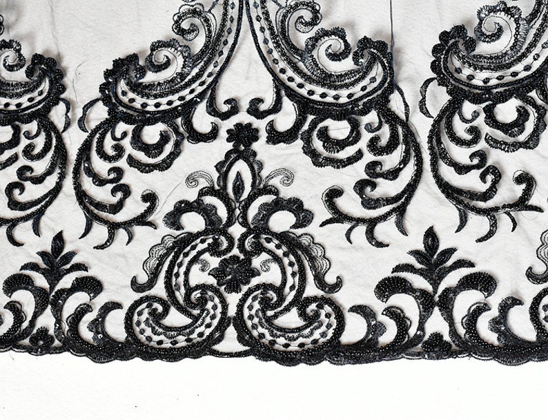 Black Embroidered Beaded Lace Fabric Vintage Motif Heavy | Etsy