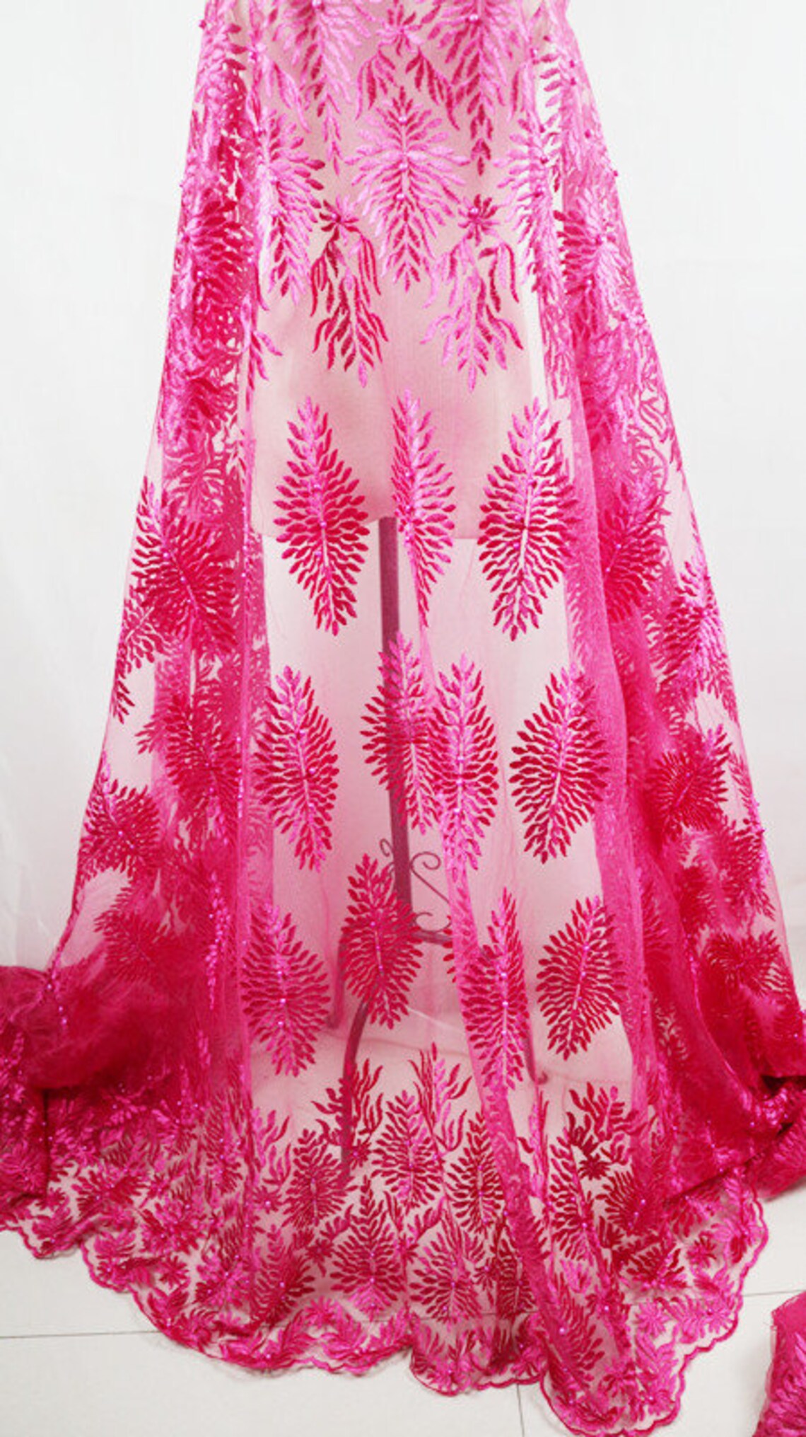 Hot pink embroidery tulle lace fabric fuchsia embroidered | Etsy