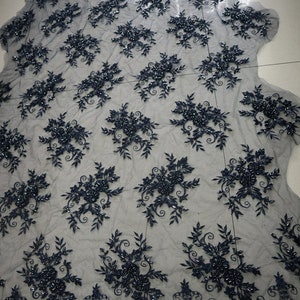 Dark Blue Beaded Lace Fabric, Navy Blue Beaded French Lace, Bridal Lace ...