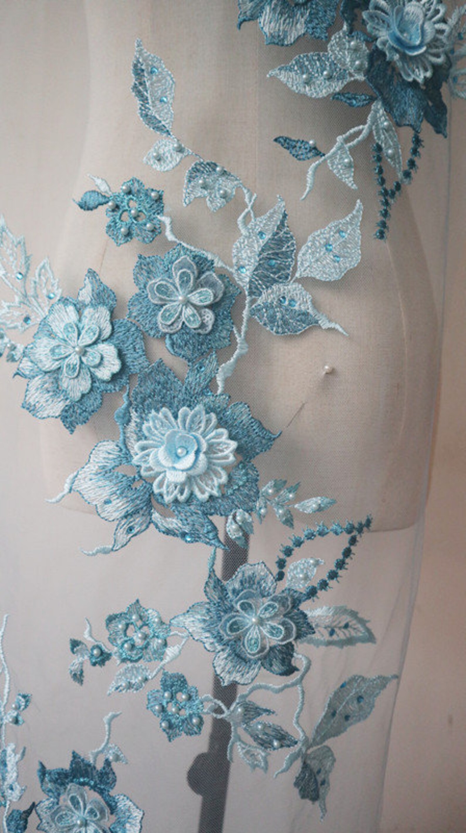 Lake Blue 3D Flowers Lace Fabric, Light Blue Beaded Lace Applique ...