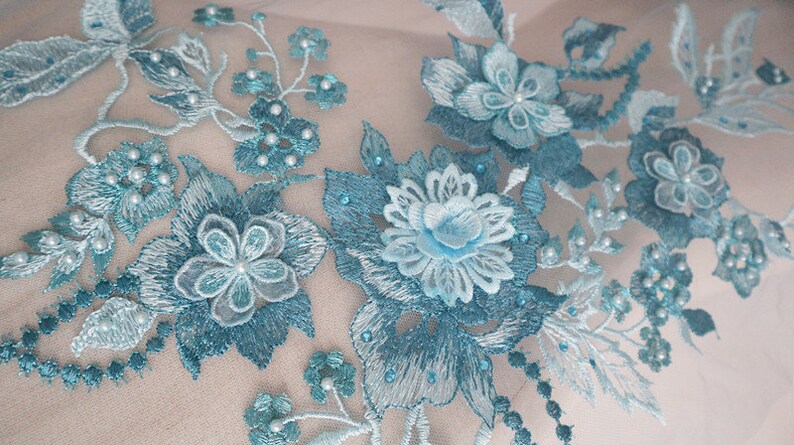 Lake Blue 3D Flowers Lace Fabric, Light Blue Beaded Lace Applique ...