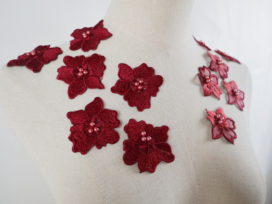 Dark Red Beaded Flowers Appliques Burgundy / Wine Red Bridal - Etsy