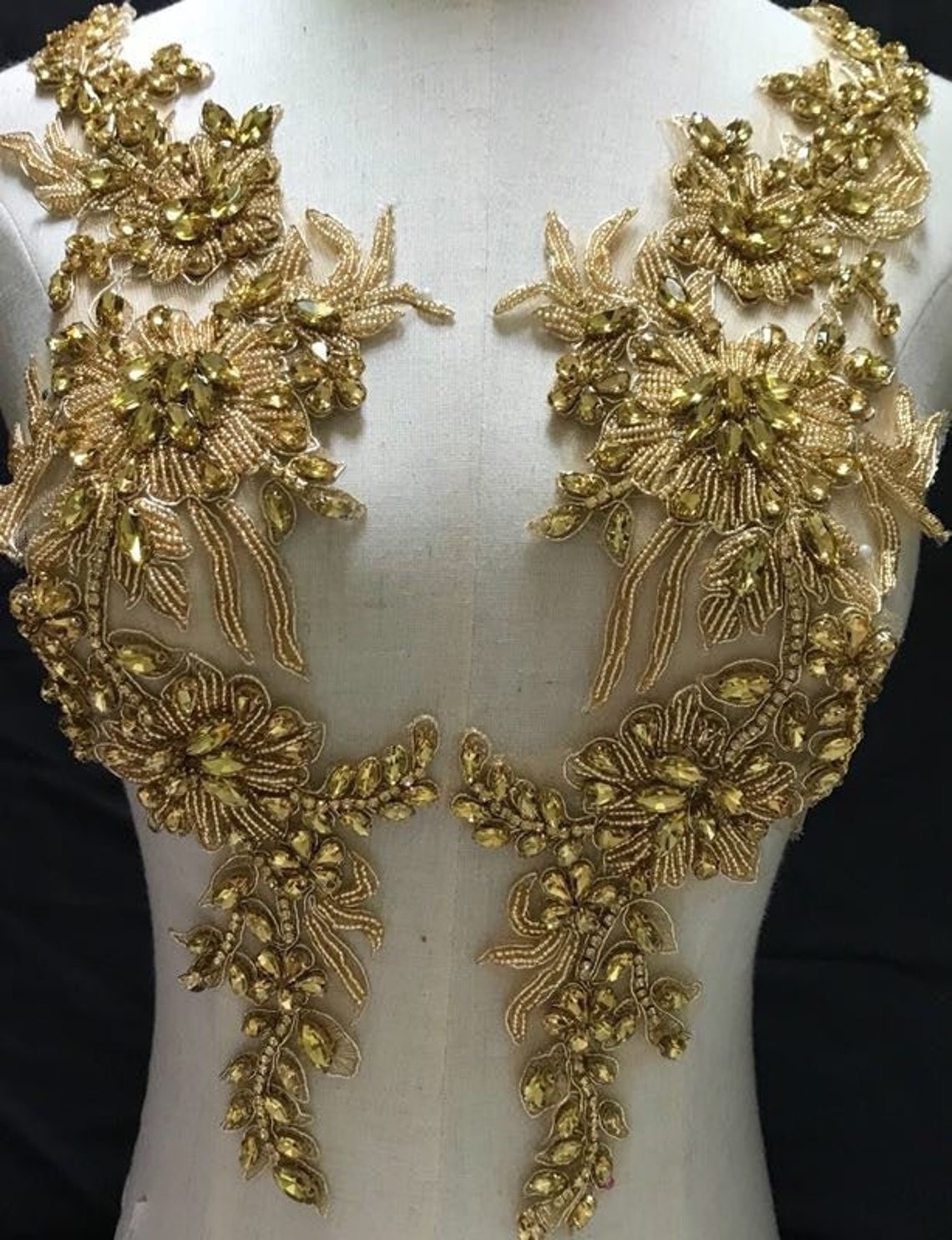 3D Gold Rhinestone Applique pair Bridal Bodice beaded Lace | Etsy