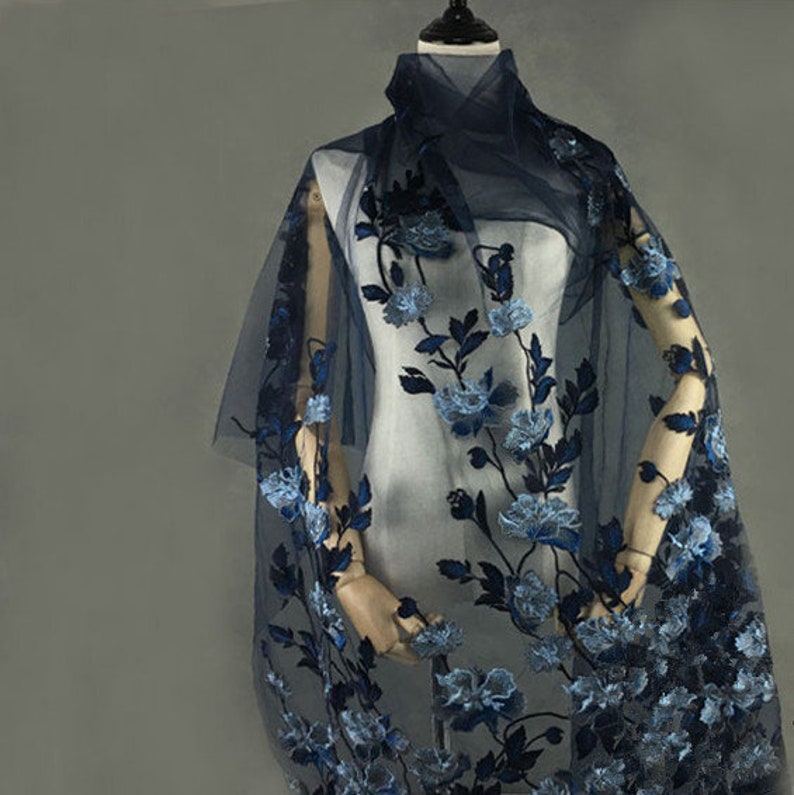 Dark Blue Floral Embroidered Lace Fabric, Navy Blue Retro French Bridal ...