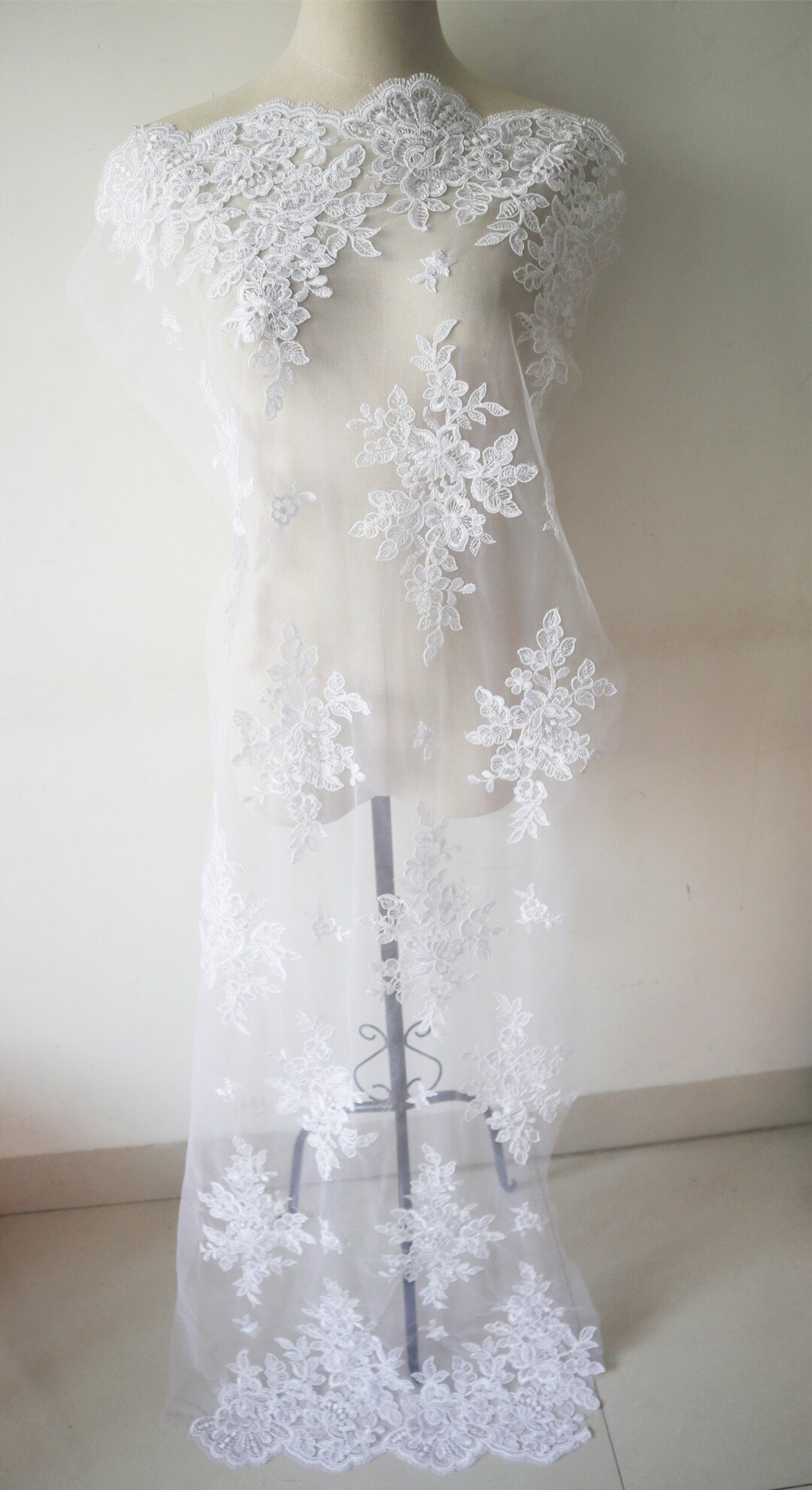 Pure White Embroidered Lace Fabric, Big White Retro Floral French ...