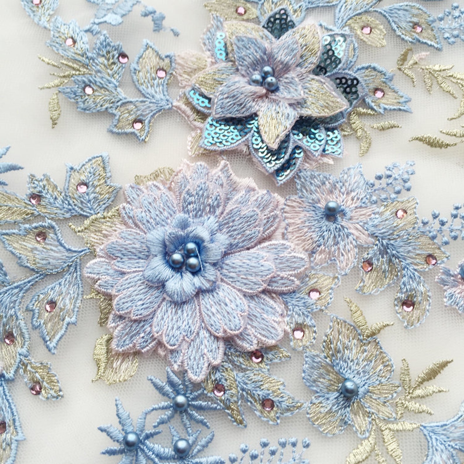 Light Blue 3D Floral Embroidered Lace Fabric Appliques Retro - Etsy