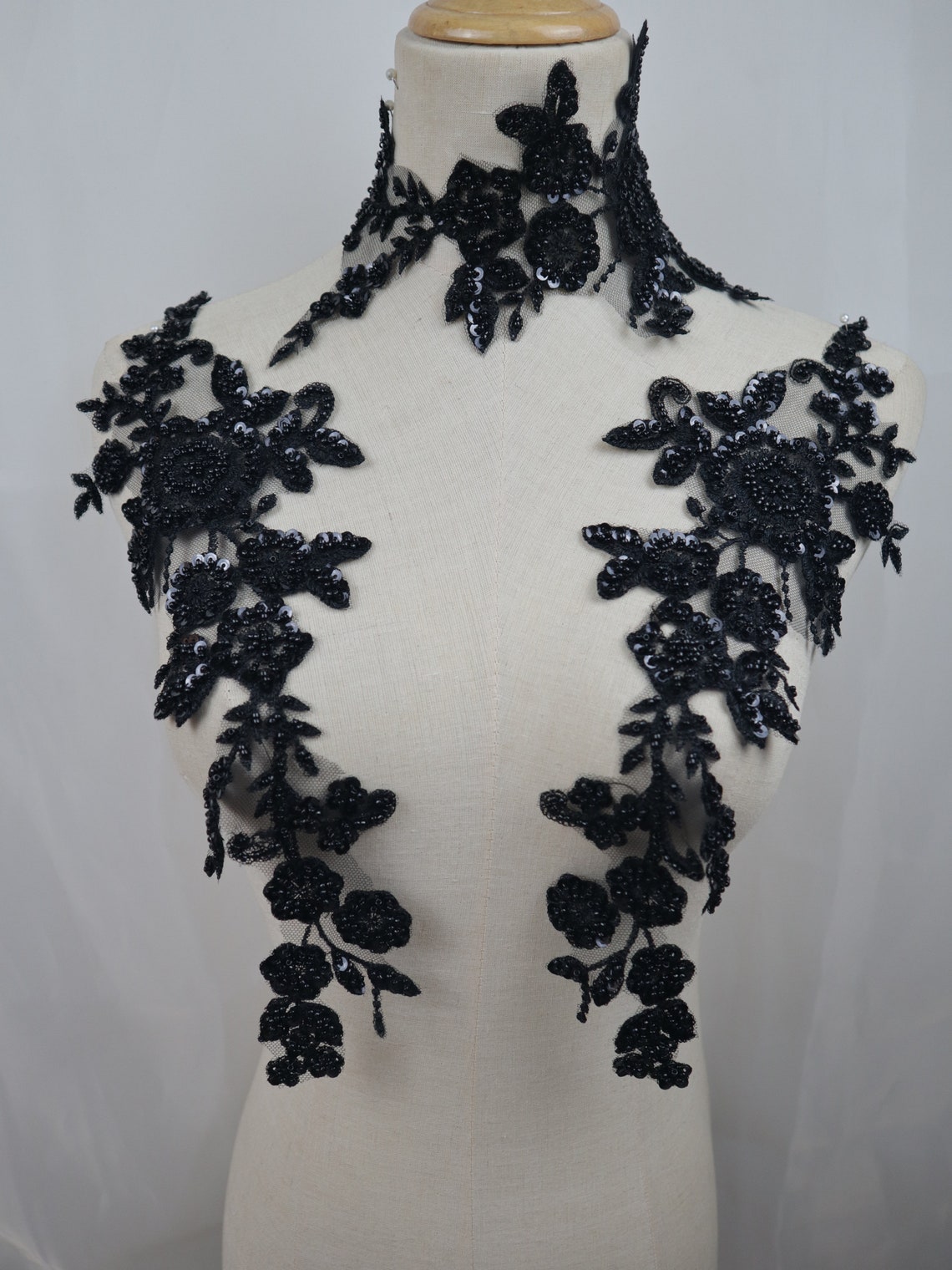 Black beaded lace applique floral motif embroidered lace | Etsy