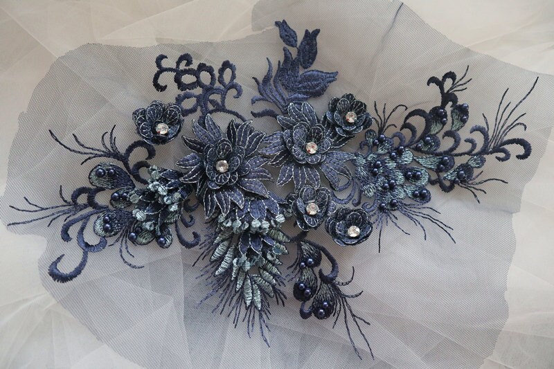 Royal blue navy blue 3D beaded lace applique embroidered | Etsy