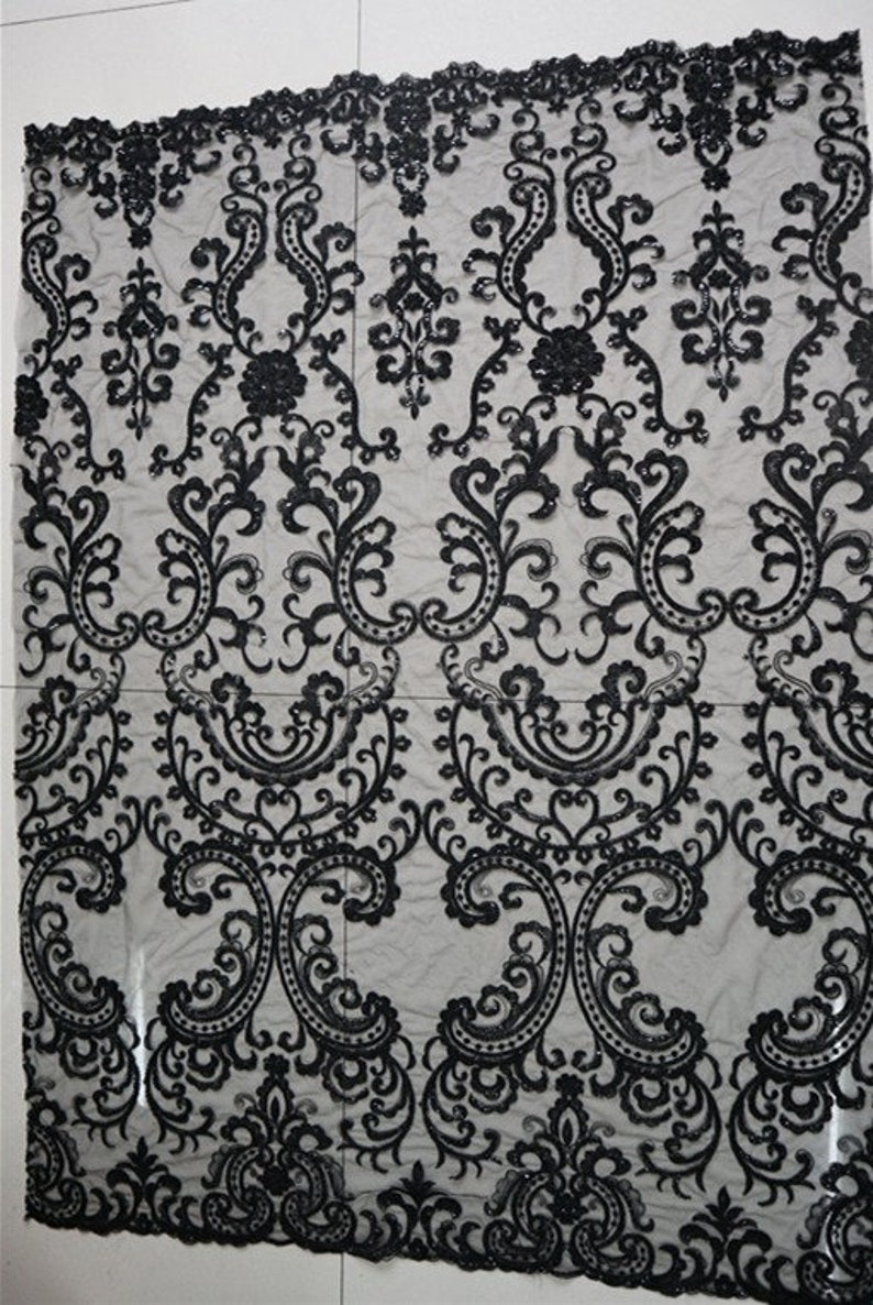 Black Embroidered Beaded Lace Fabric Vintage Motif Heavy - Etsy