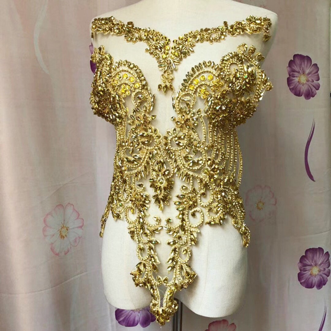 Exquisite Gold Bodice Rhinestone Applique, Big V Style Body Covered ...