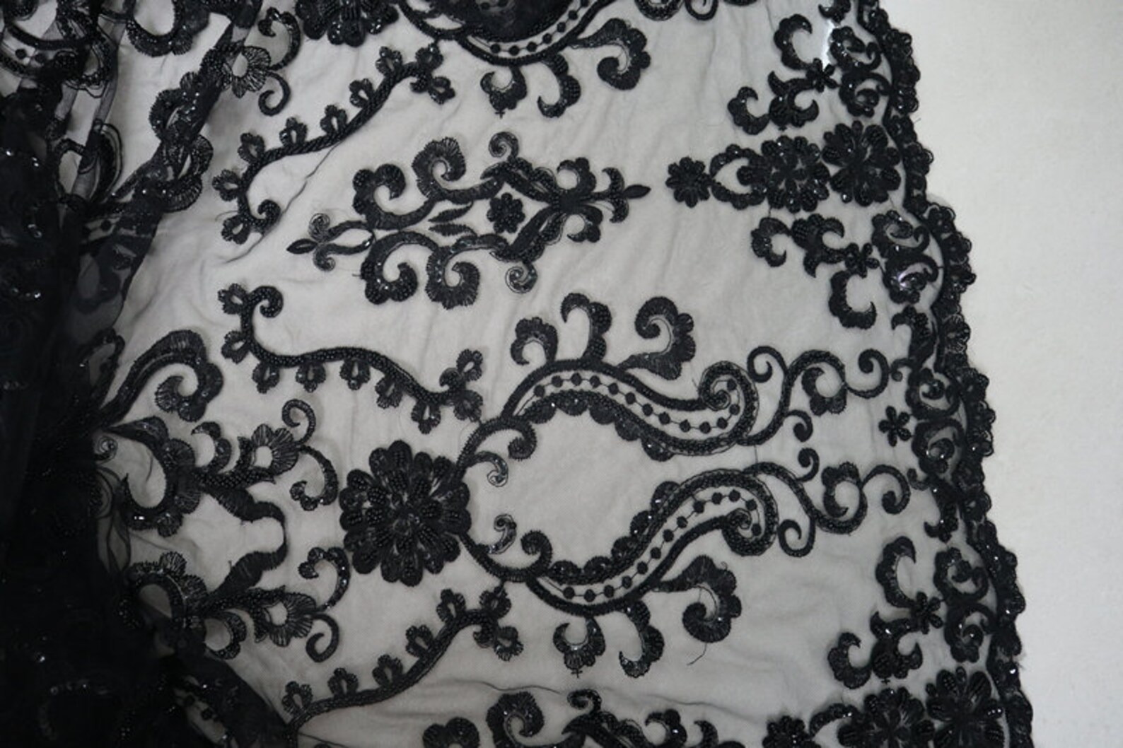 Black Embroidered Beaded Lace Fabric Vintage Motif Heavy - Etsy