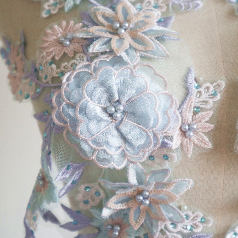 Exquisite Light Blue 3D Pair Applique, Quality Lace Floral Motif Lace ...