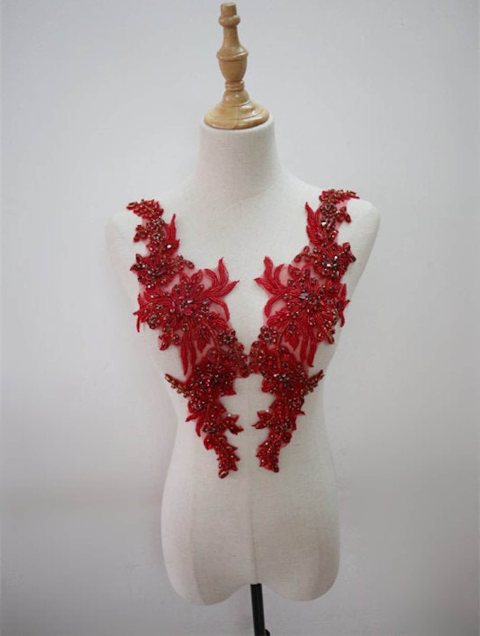 Red Rhinestone Applique Pair Bridal Bodice Beaded Lace | Etsy