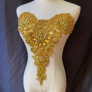 Exquisite Pink Rhinestone Applique, Gold Bodice Lace Necline Applique ...