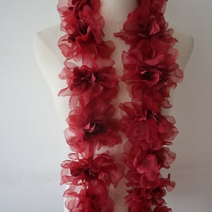3D Dark Red Ruffled Fabric Trim, Wine Red Pink 3D Flowers Trimming ...