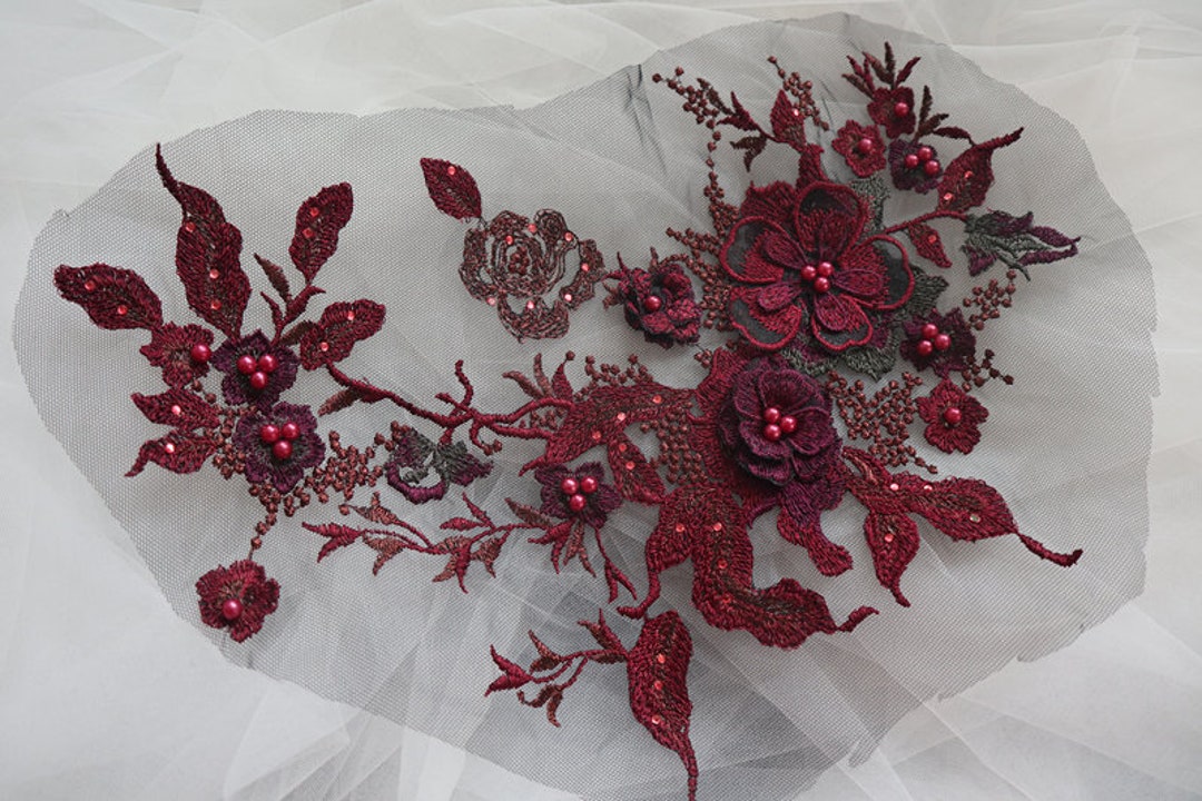 Dark Red 3D Floral Embroidered Lace Applique, Retro Floral Motif 3D ...