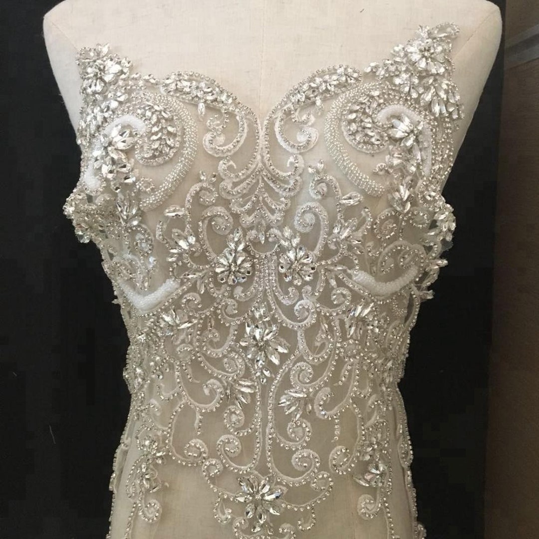 Big Rhinestone Beaded Applique, Bridal Bodice Beaded Lace Applique ...