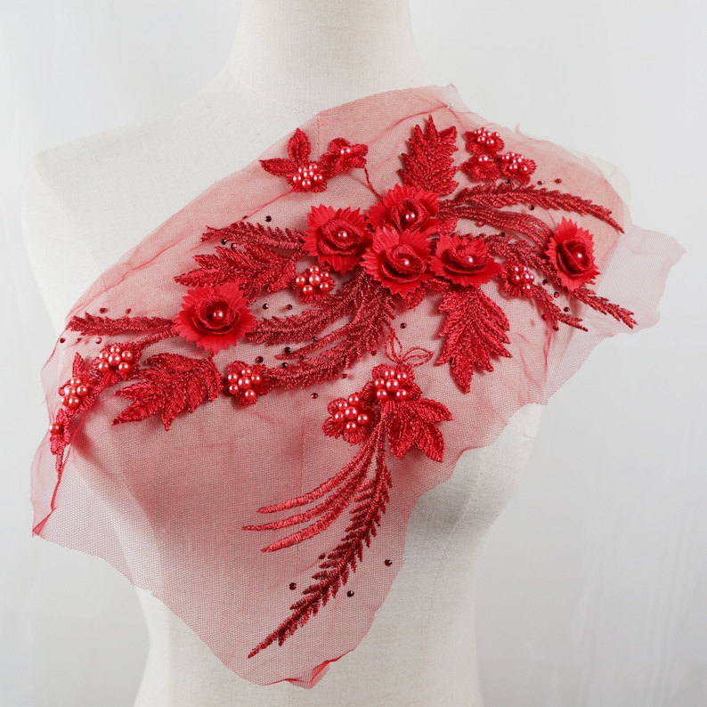 Red 3D Lace Fabric Applique Dark Red Retro Floral Motif 3D - Etsy