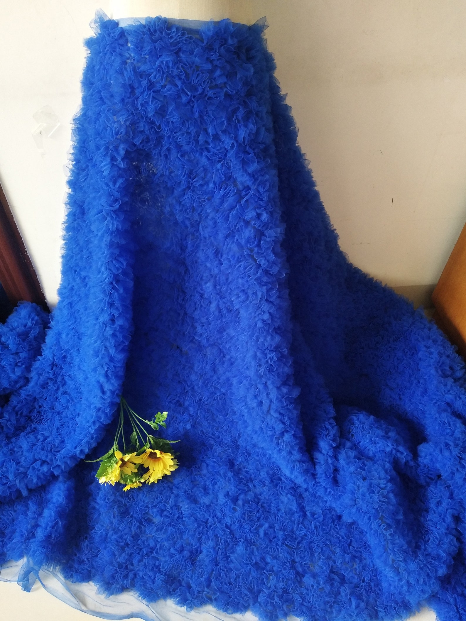 Royal Blue Ruffled Tulle 3D Fabric, Ruffled Mesh 3D Bridal Fabric, 3D ...