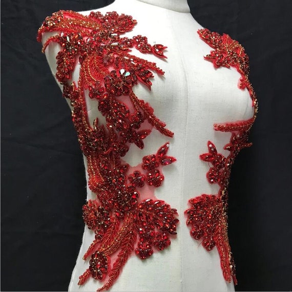 Deluxe Red Rhinestone Applique Bridal Bodice Beaded Floral | Etsy