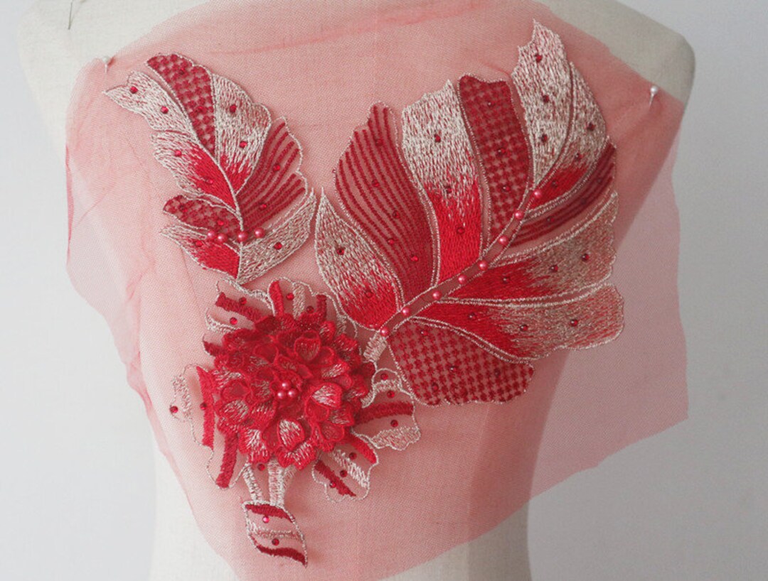 Red 3D Lace Applique, 3D Embroidered Motif Lace Applique Patch for ...