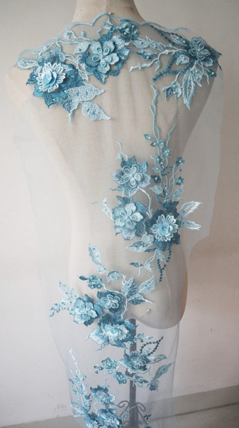 Lake Blue 3D Flowers Lace Fabric Light Blue Beaded Lace - Etsy