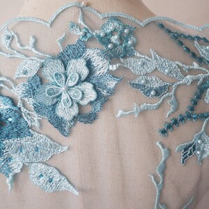 Lake Blue 3D Flowers Lace Fabric, Light Blue Beaded Lace Applique ...