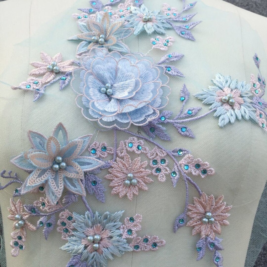 Light Blue & Pink 3D Beaded Applique, Mix Colors Floral Motif Lace ...