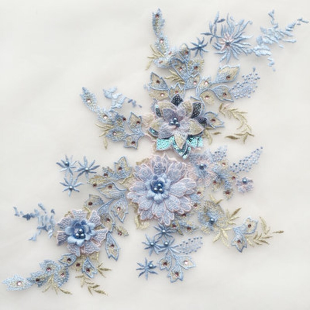 Light Blue 3D Floral Embroidered Lace Fabric Appliques, Retro Floral ...