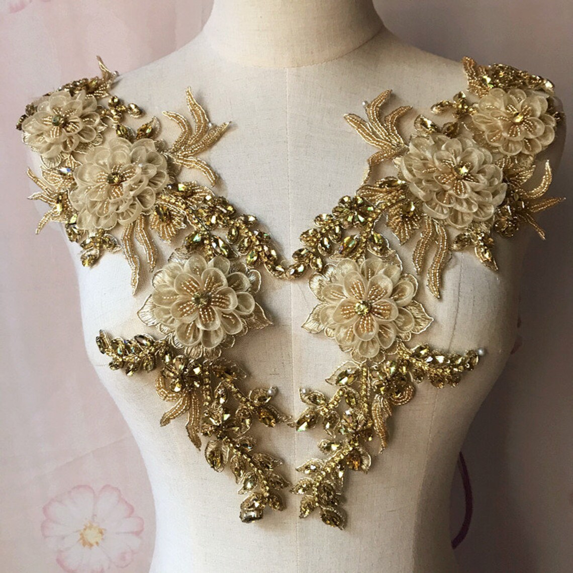 3D Gold Rhinestone Applique pair Bridal Bodice beaded Lace | Etsy