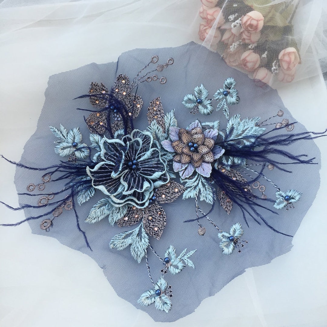3D Flowers Embroidered Lace Appliques, Bridal 3d Floral Lace Applique ...