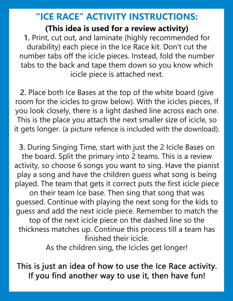 Ice Race Game, LDS Primary Singing Time Activity (printable Digital ...