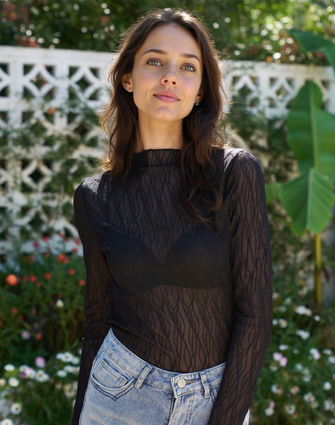 Women Sheer See-through Black Mesh Wavy Design Longsleeve Top - Etsy