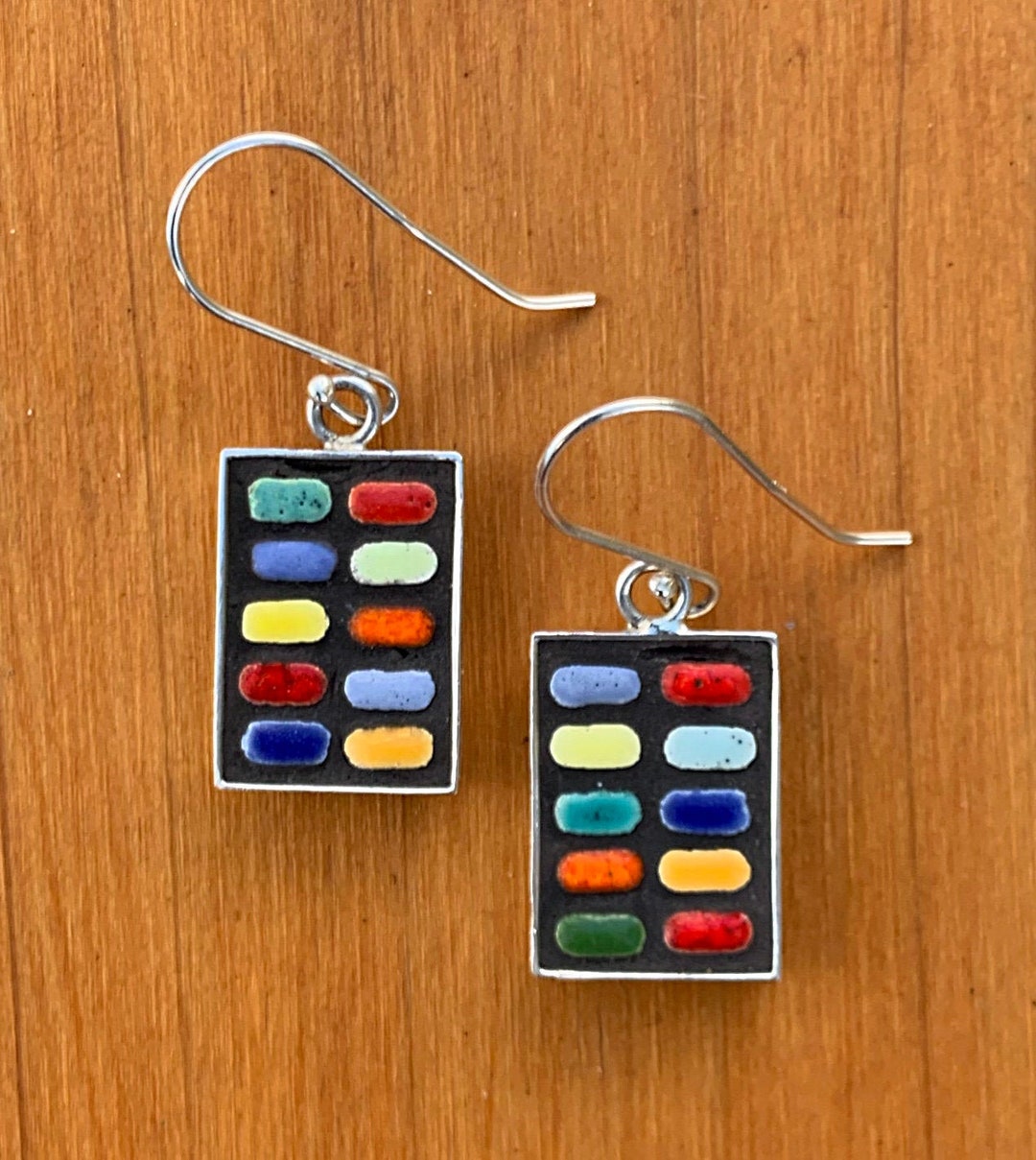 Mosaic Earrings With Multi-colored Ceramic Oval Tiles in Rectangular ...