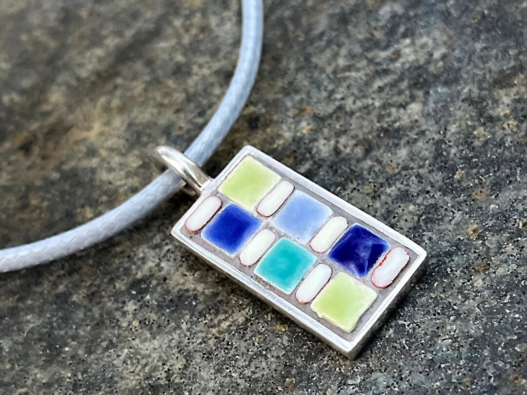 Mosaic Tile Pendant / Necklace With Blue, Green, Aqua and White Ceramic ...