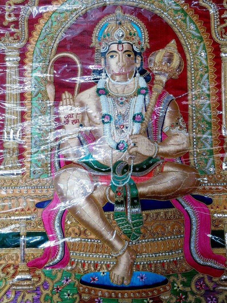 Handmade Portrait of Lord Bajrang Bali Embroidered With Beautiful ...