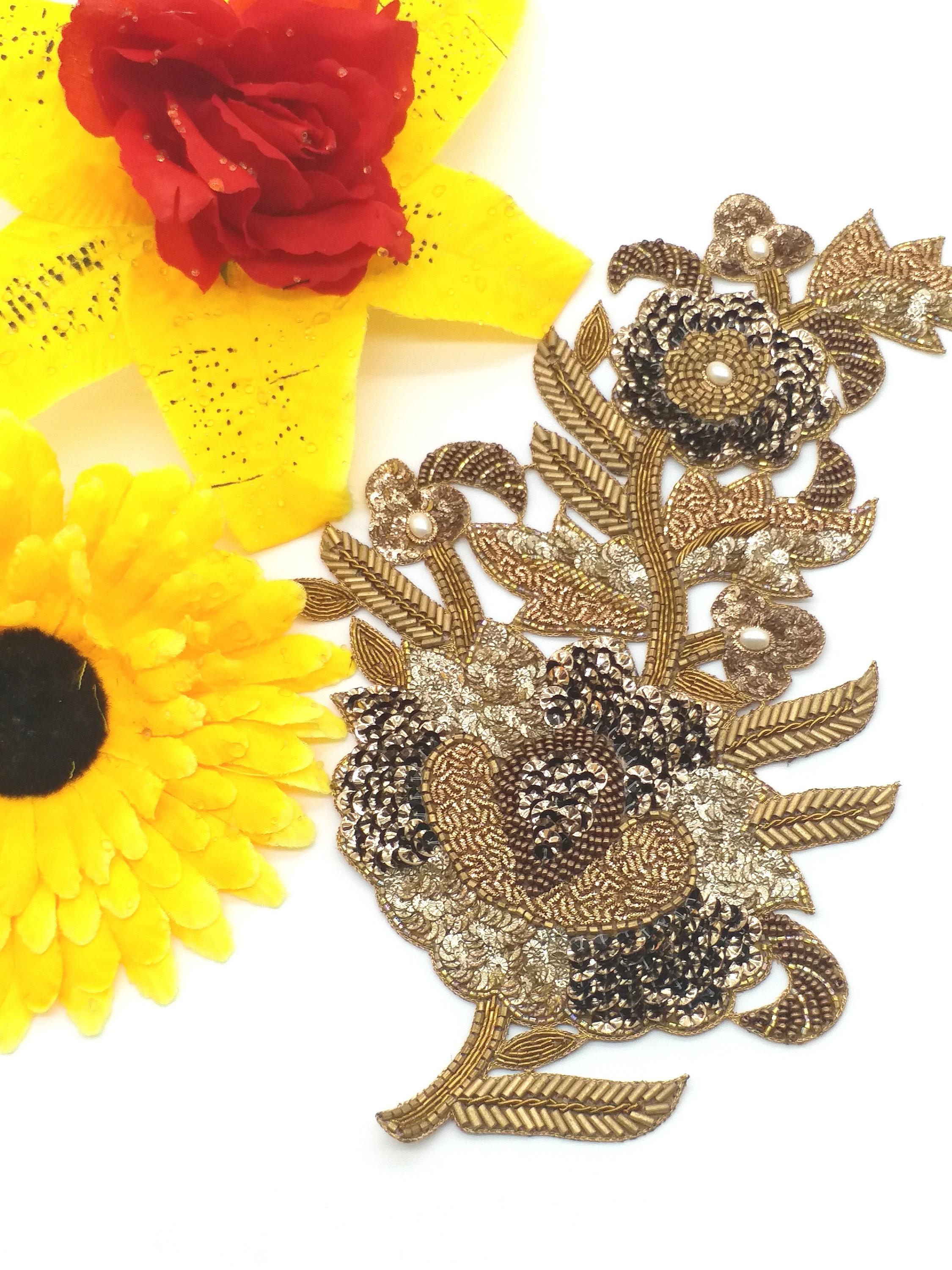 Set of 3 Pieces Hand-made Applique With Antique Flowers ,couture Zardozi Patch, Beaded Applique ...