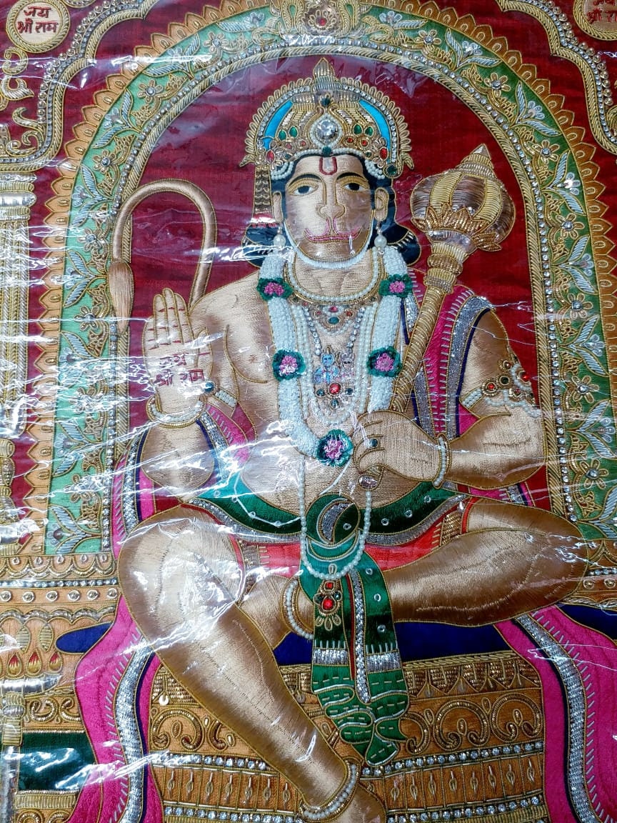 Handmade Portrait of Lord Bajrang Bali Embroidered With Beautiful ...