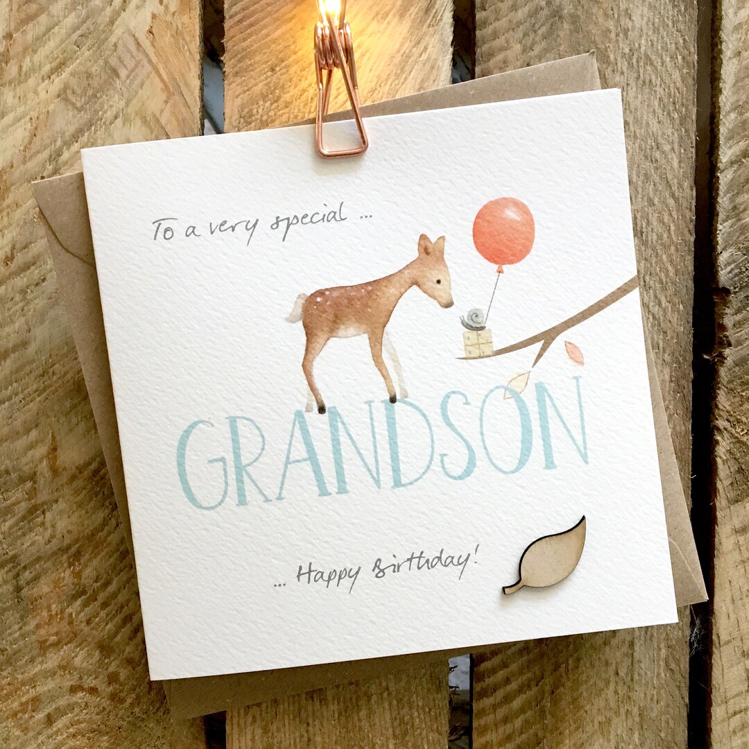 Grandson Birthday Card, Deer Fawn and Snail, Wooden Leaf - Etsy