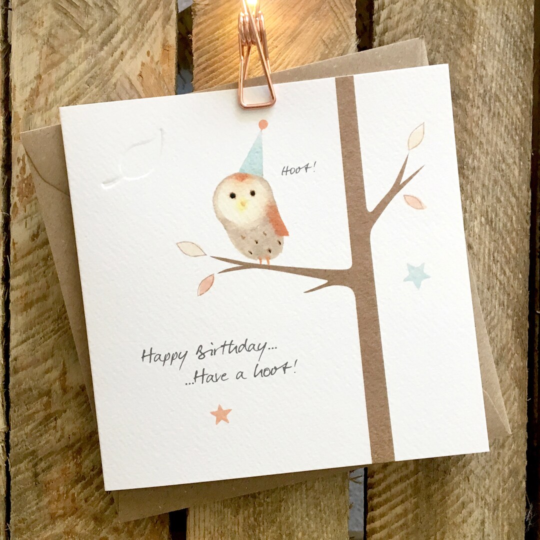 Birthday Card Featuring a Cute Owl Wearing a Party Hat, Beautifully ...