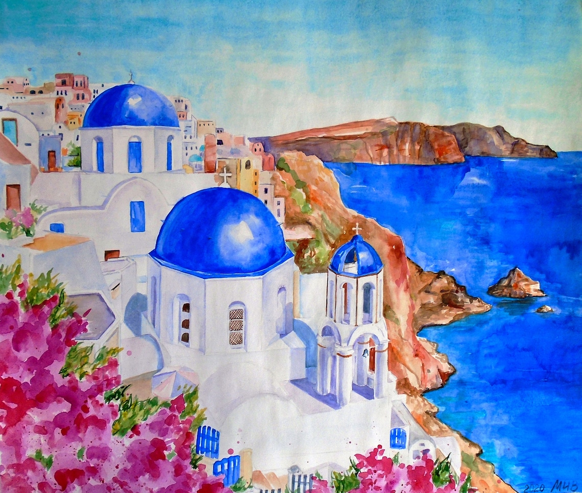 Santorini painting Large watercolor painting Greece | Etsy