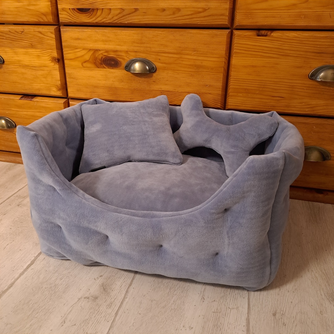 Gray and Cozy Dog Bed With Cushion and Soft Toy Bed Snuggly - Etsy