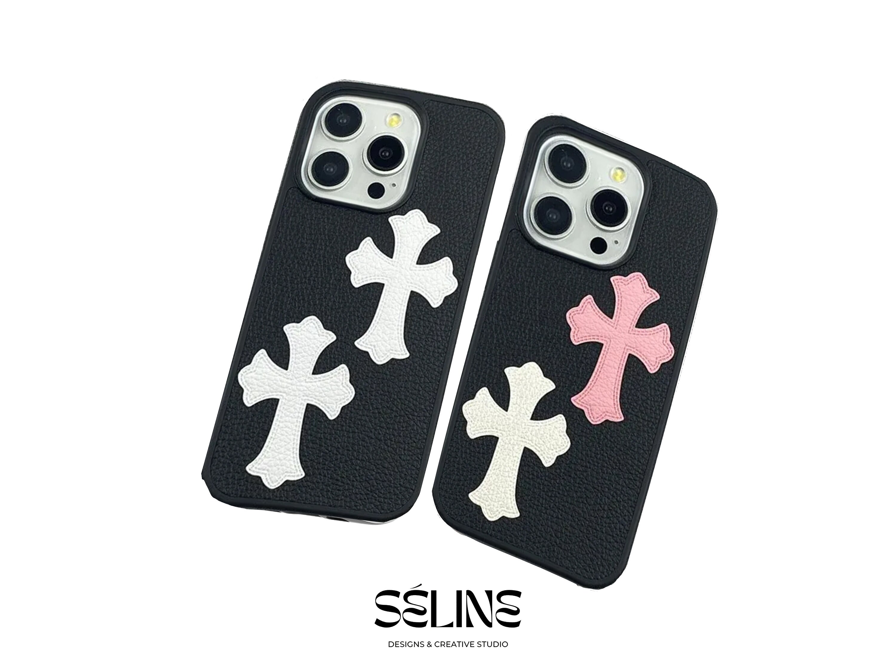 Chrome Hearts Y2K Style Gothic Cross Faux Leather Case Black White Pink ...