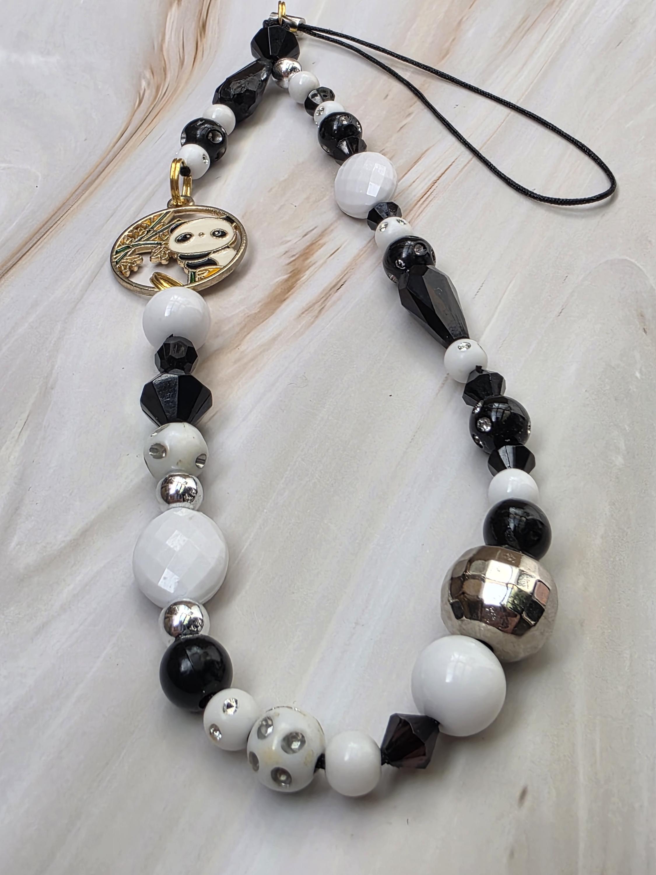 Panda Black - White Beaded Phone Strap Charm, Phone Accessories, Funky ...