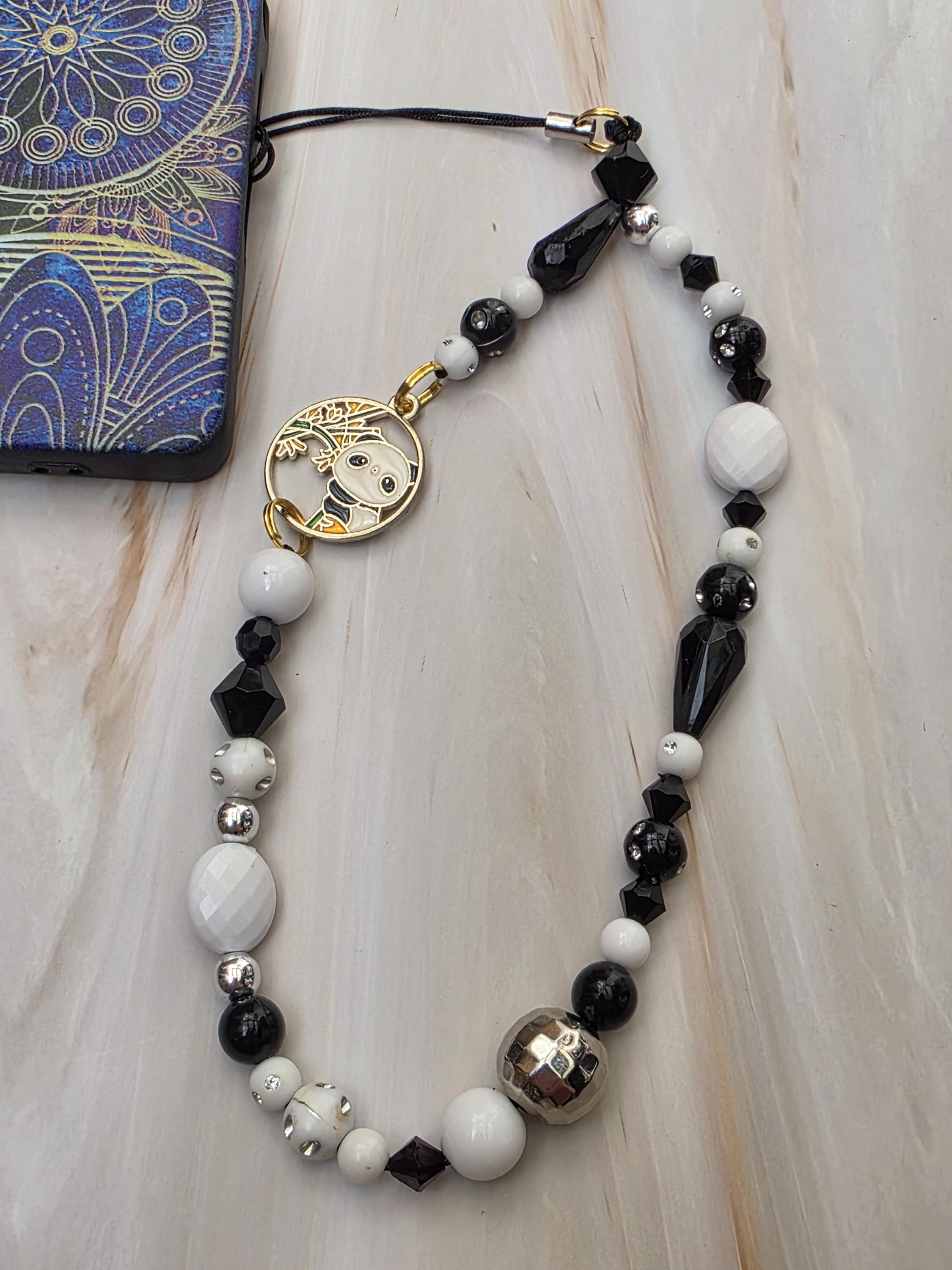 Panda Black - White Beaded Phone Strap Charm, Phone Accessories, Funky ...