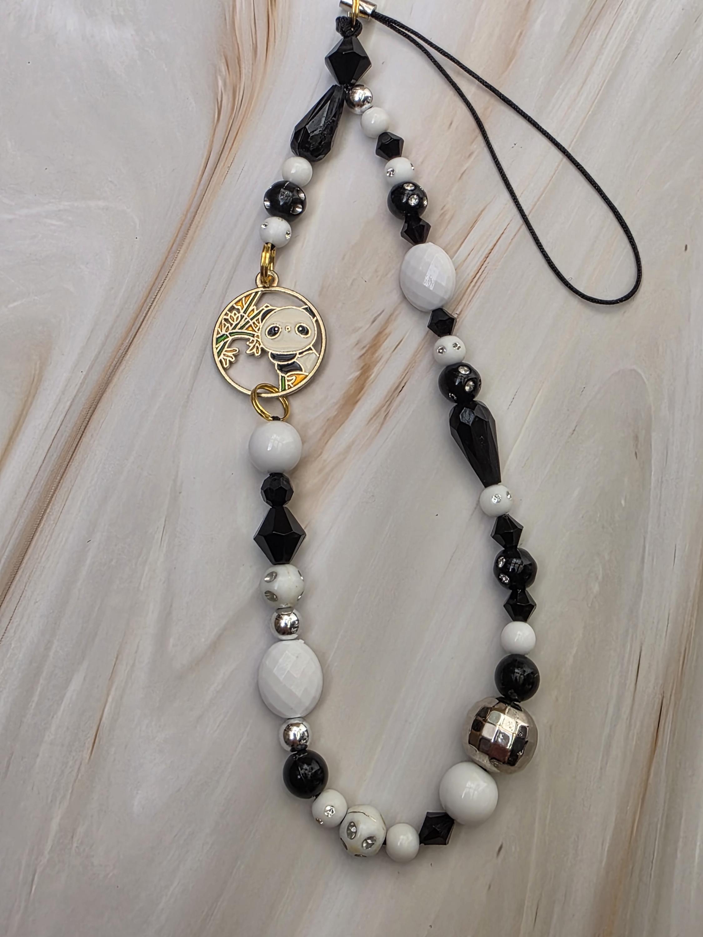 Panda Black - White Beaded Phone Strap Charm, Phone Accessories, Funky ...