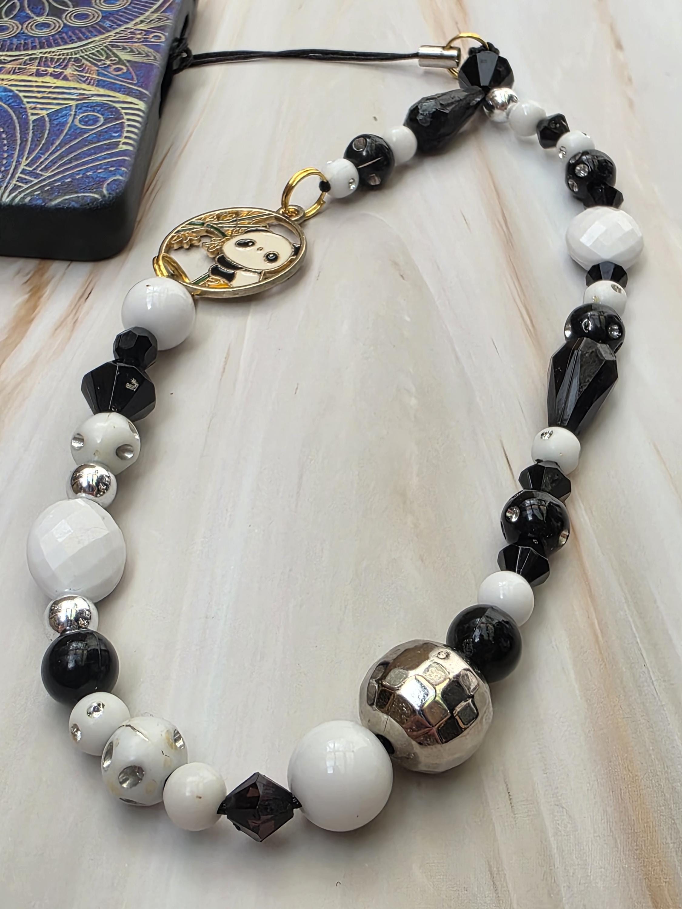Panda Black - White Beaded Phone Strap Charm, Phone Accessories, Funky ...